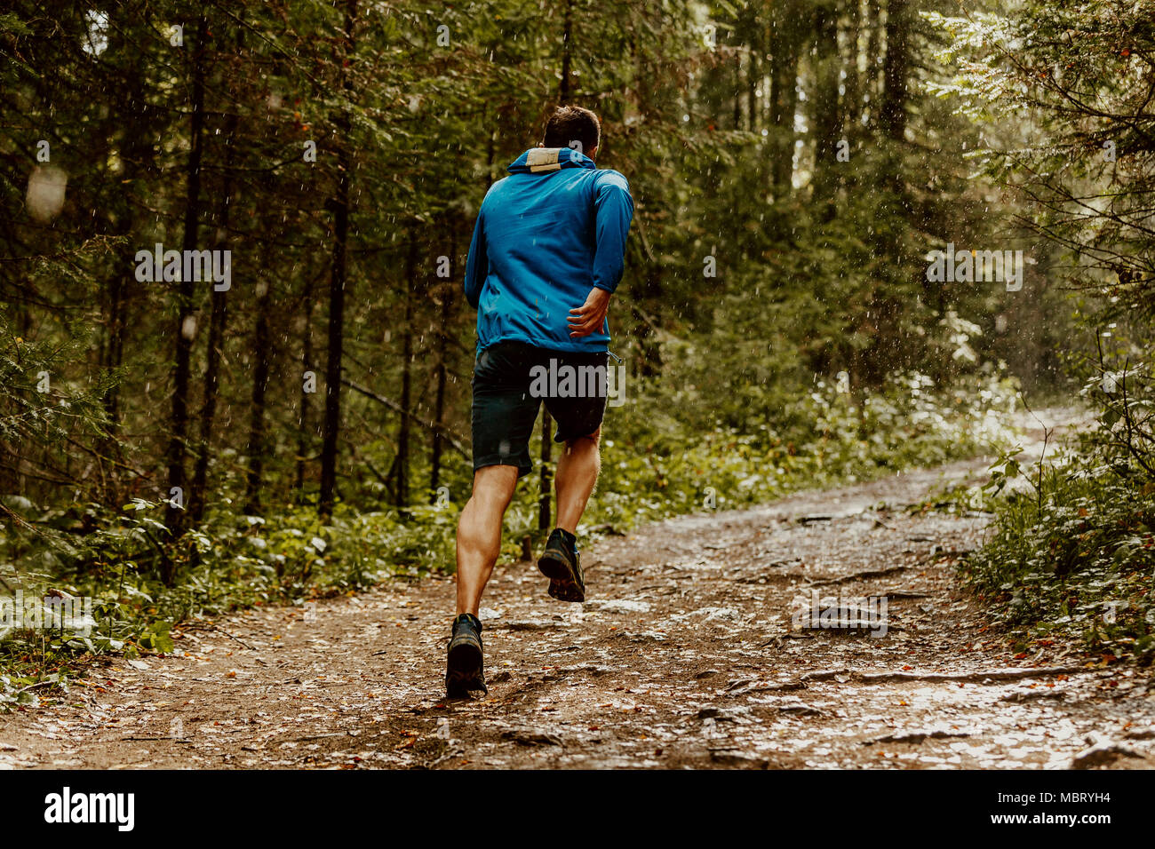 fast running athlete runner forest trail under rain Stock Photo - Alamy