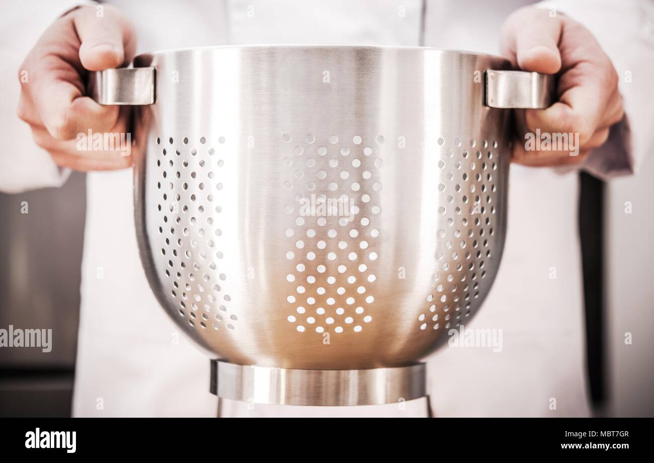 Chef with Stainless Steel Colander in Hands. Cooking and Kitchen ...