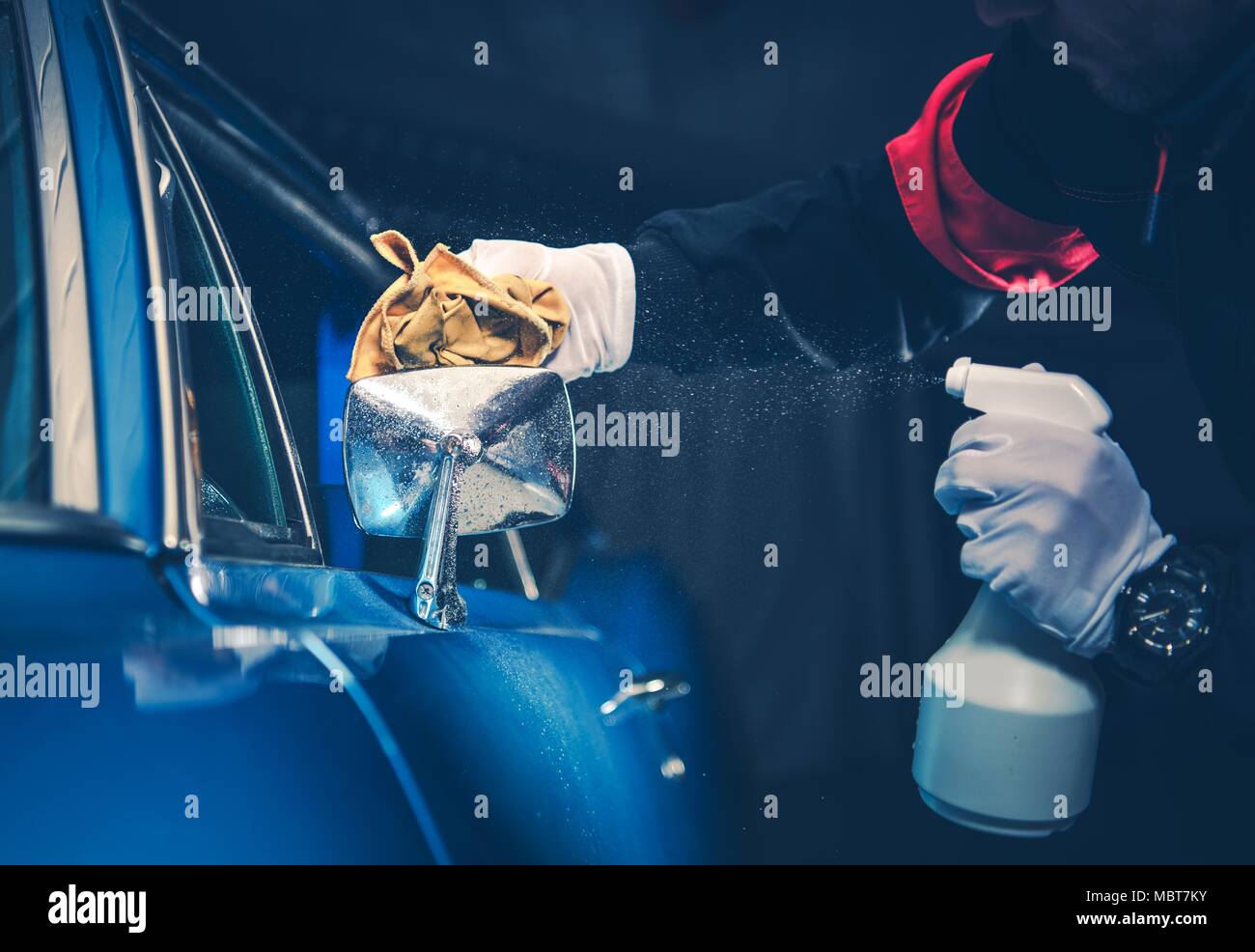 Blue American Classic Car Detailing Cleaning by Professional Worker ...