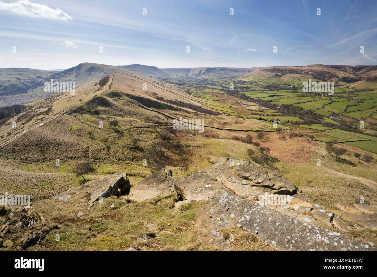 View over the Edale Valley and the Great Ridge from summit of Backtor ...