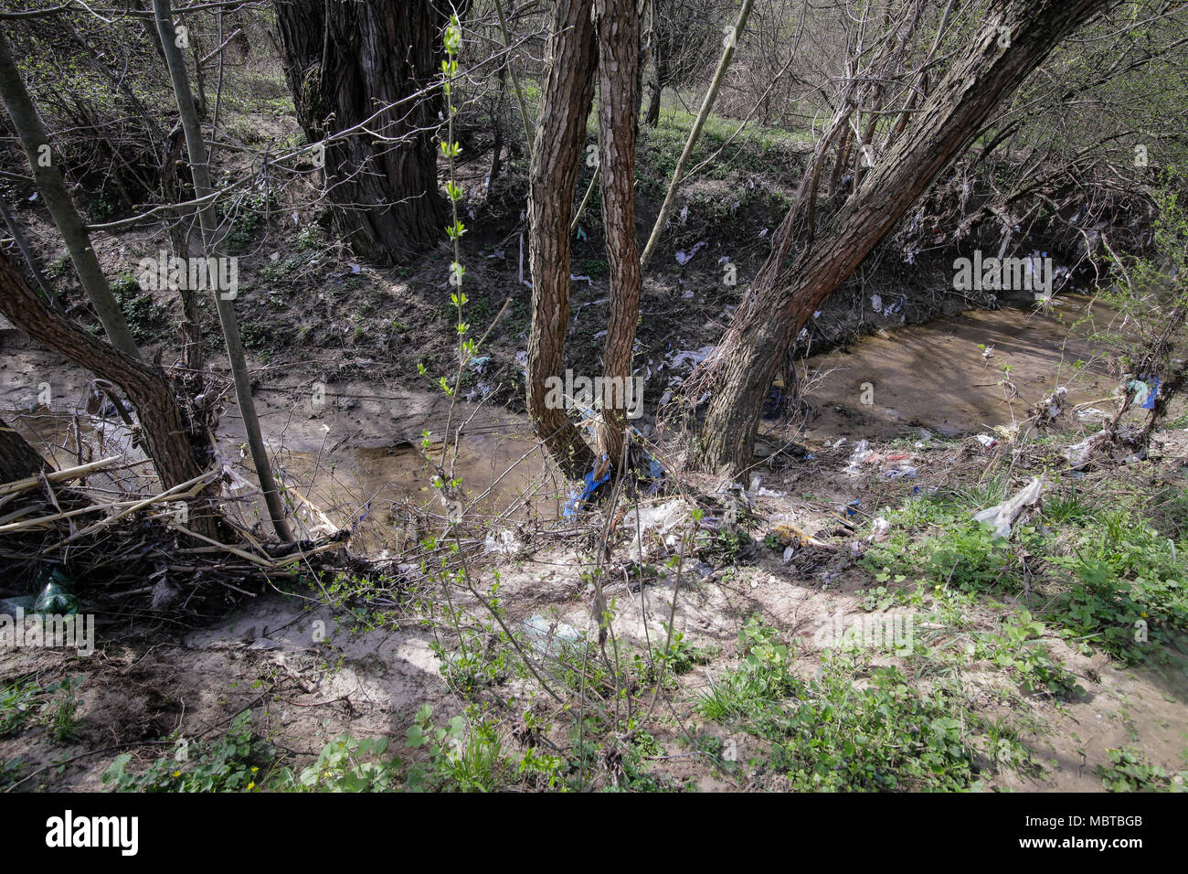Heavy polluted water stream with domestic garbage Stock Photo - Alamy