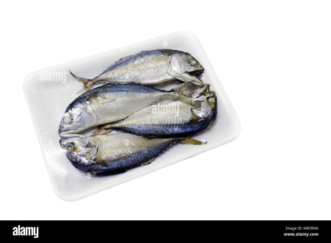 Raw mackerel fish steamed in foam tray, Platow, pla2, with plastic wrap ...