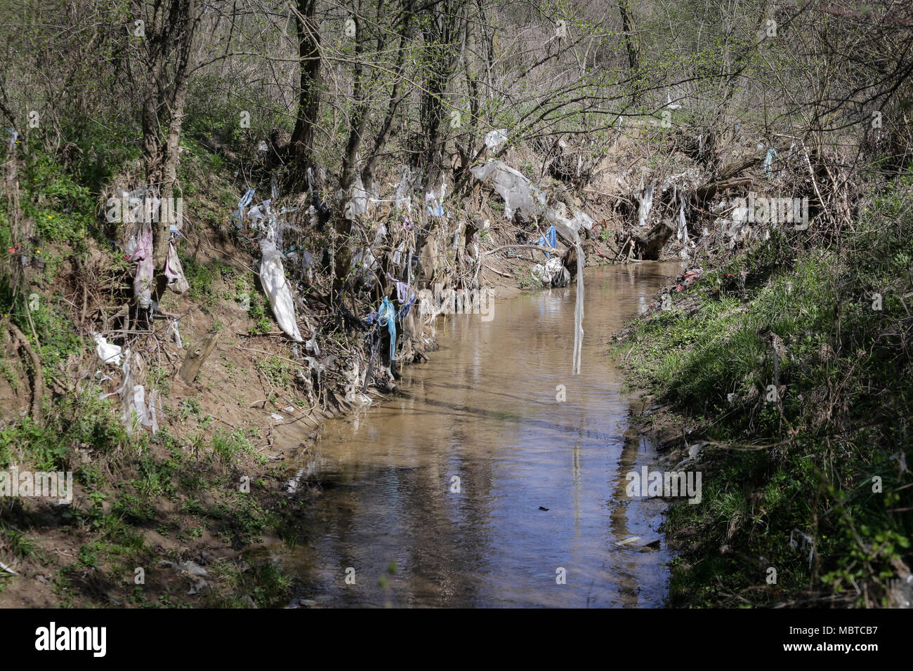 Heavy polluted water stream with domestic garbage Stock Photo - Alamy