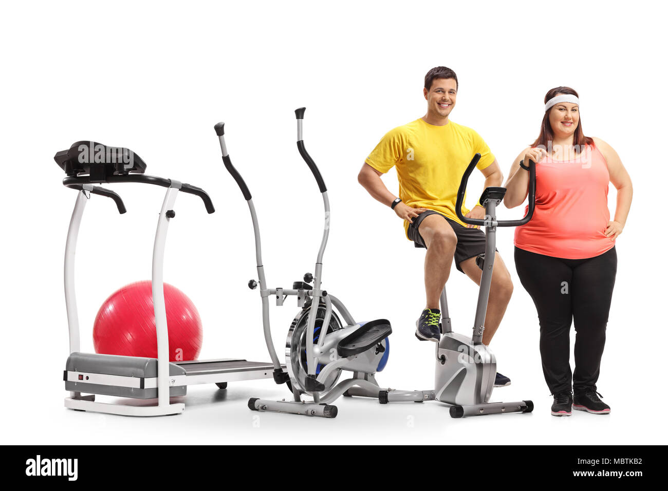Young man and an overweight woman with exercise machines isolated on ...