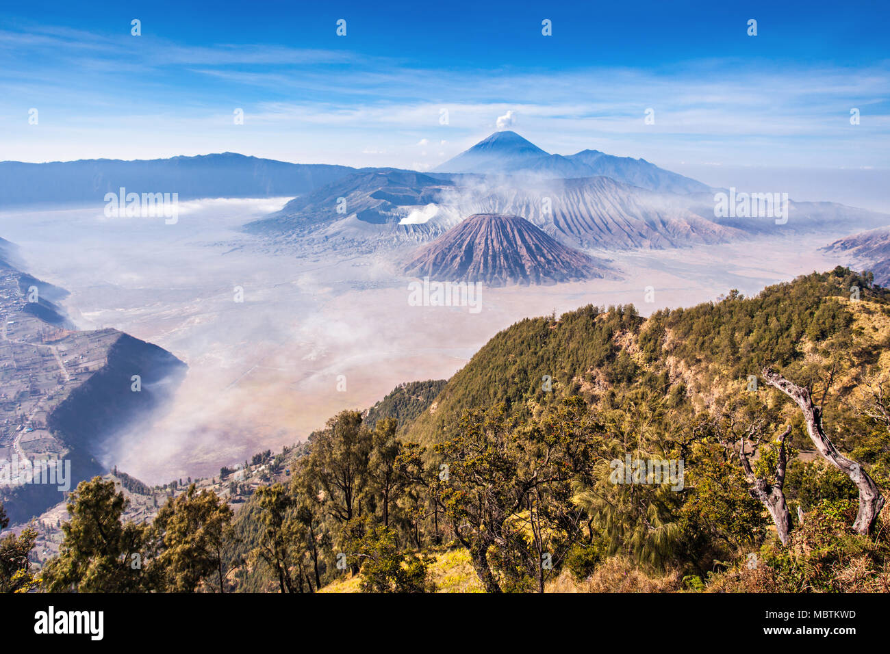 Bromo, Batok and Semeru volcanoes, Java island, Indonesia Stock Photo ...