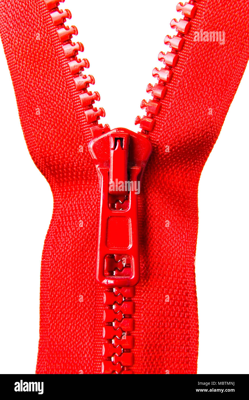 Red zipper with a runner on a white background. Close-up Stock Photo ...