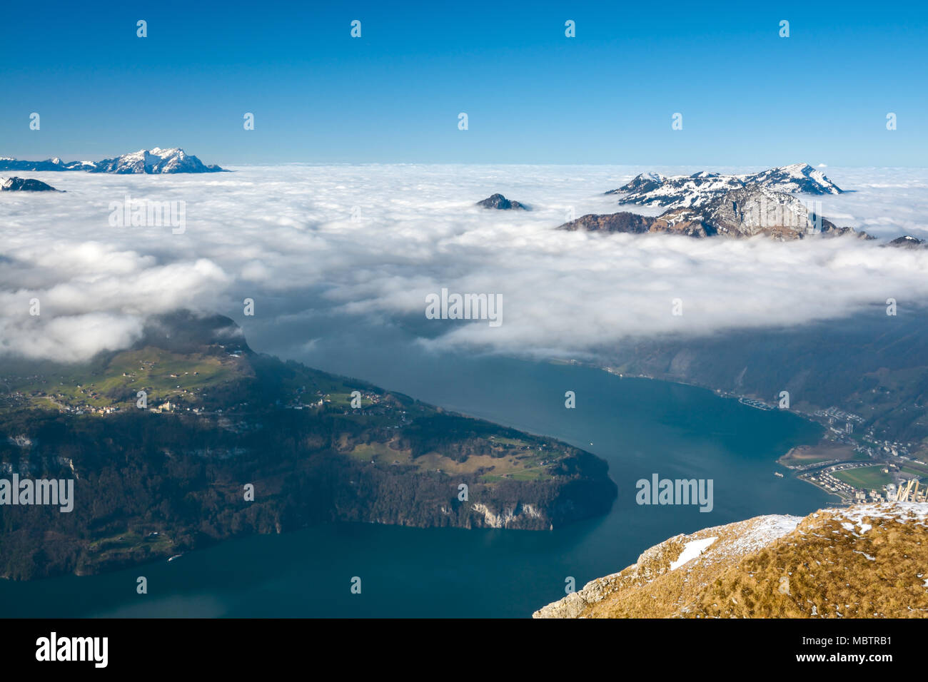Lake Lucerne in Swiss Alps with two dominant peaks in background ...