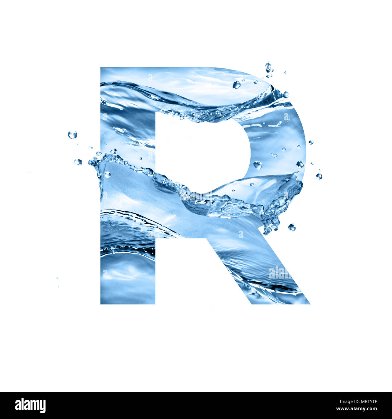 stylized font, art text made of water splashes, capital letter r ...
