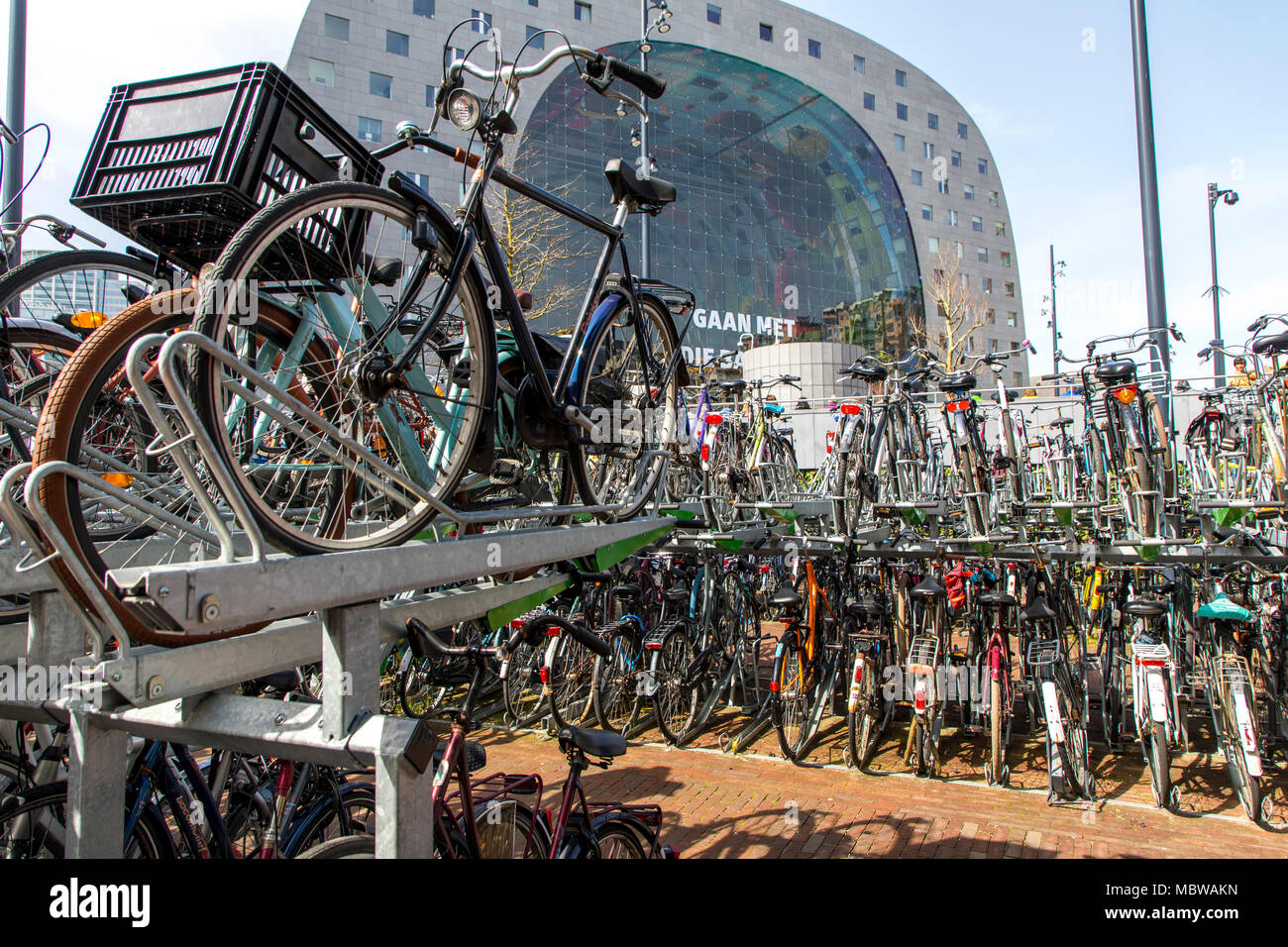 Bicycle parking, parking, in the city center of Rotterdam, at the train ...