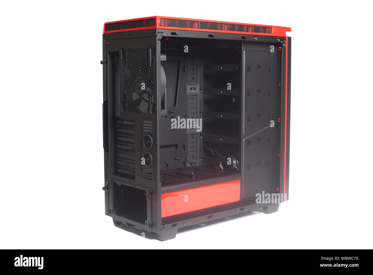 Desktop Empty Computer Case with Cooler Fan isolated on white Stock ...