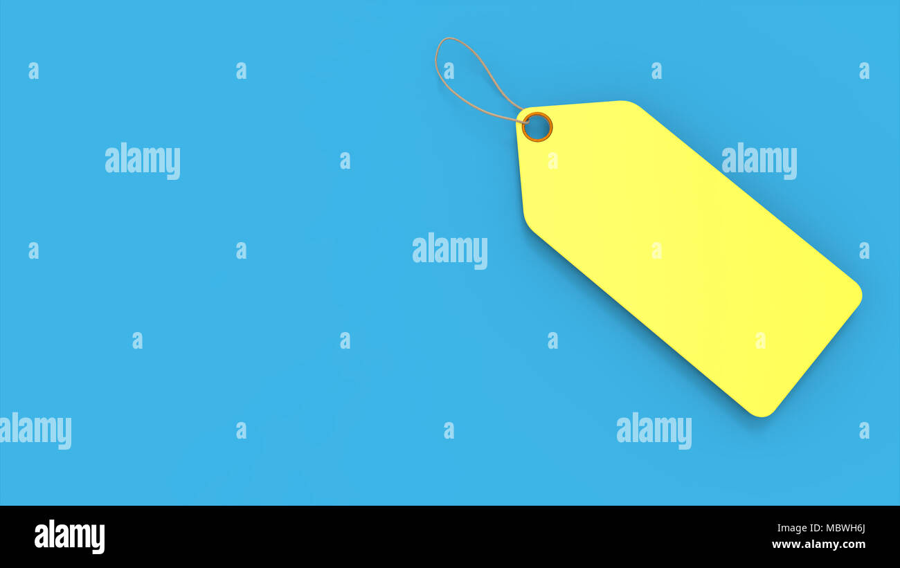 Blank yellow price tag on blue background and space for text. 3D ...