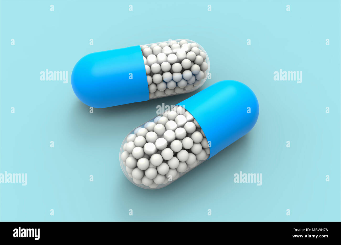 Blue Capsule with white drug balls inside isolated on blue. 3D ...