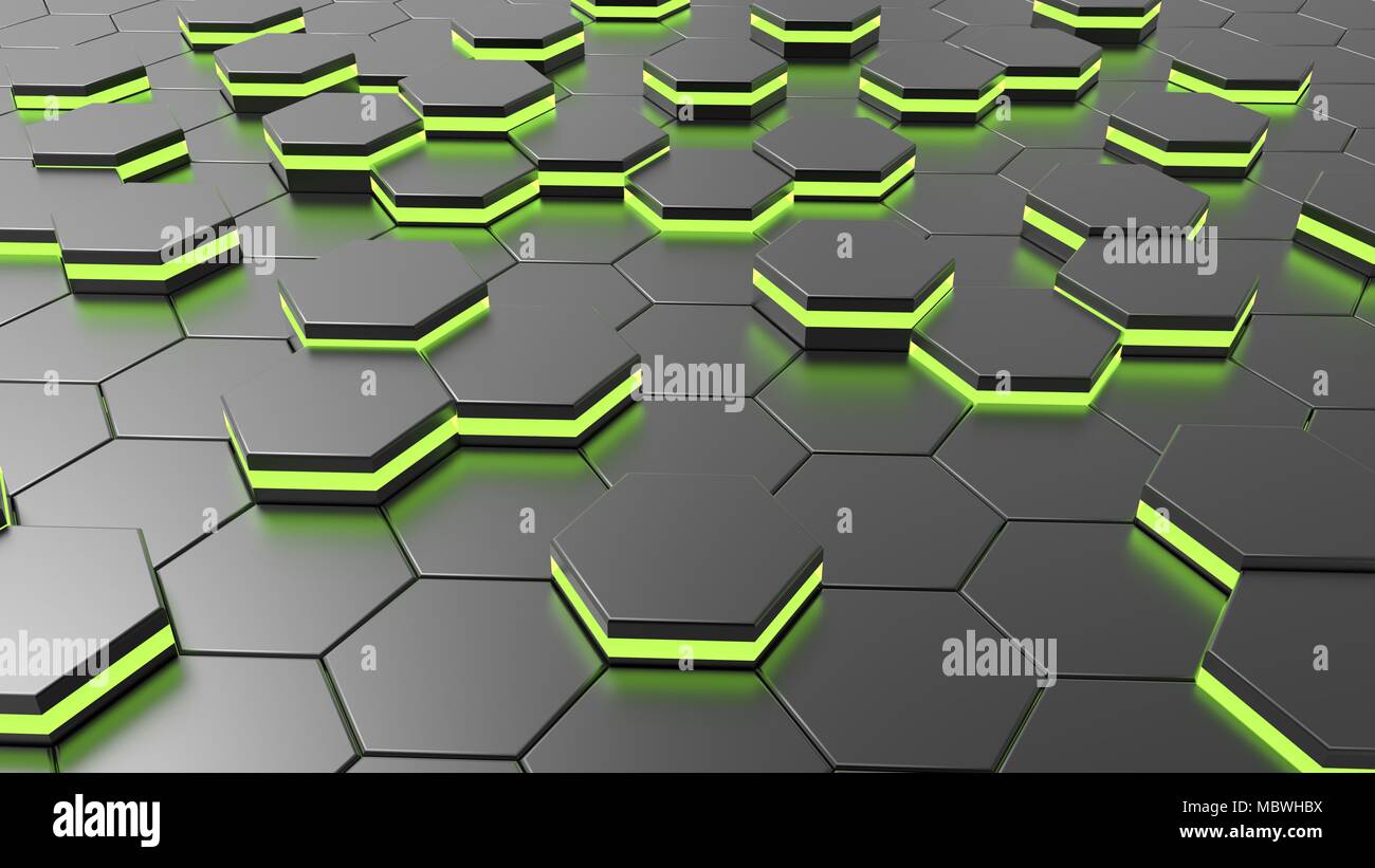 Futuristic alien hexagonal floor with green light. 3D illustration ...