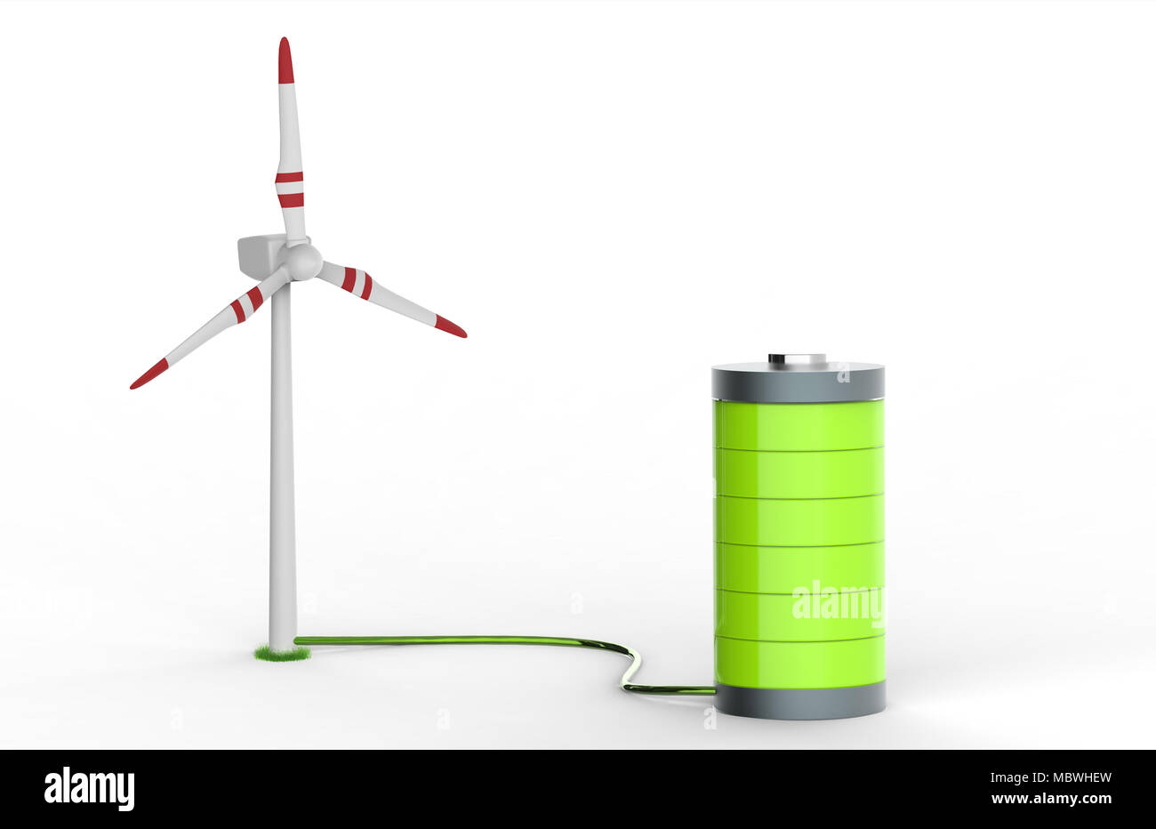 Wind turbine and green battery isolated on white background. Renewable ...