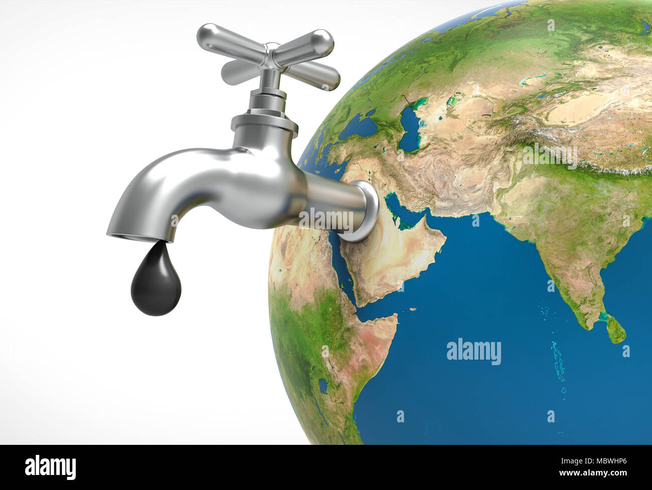 Oil drop leaking and faucet on earth planet. Oil and Gas concept. 3D ...