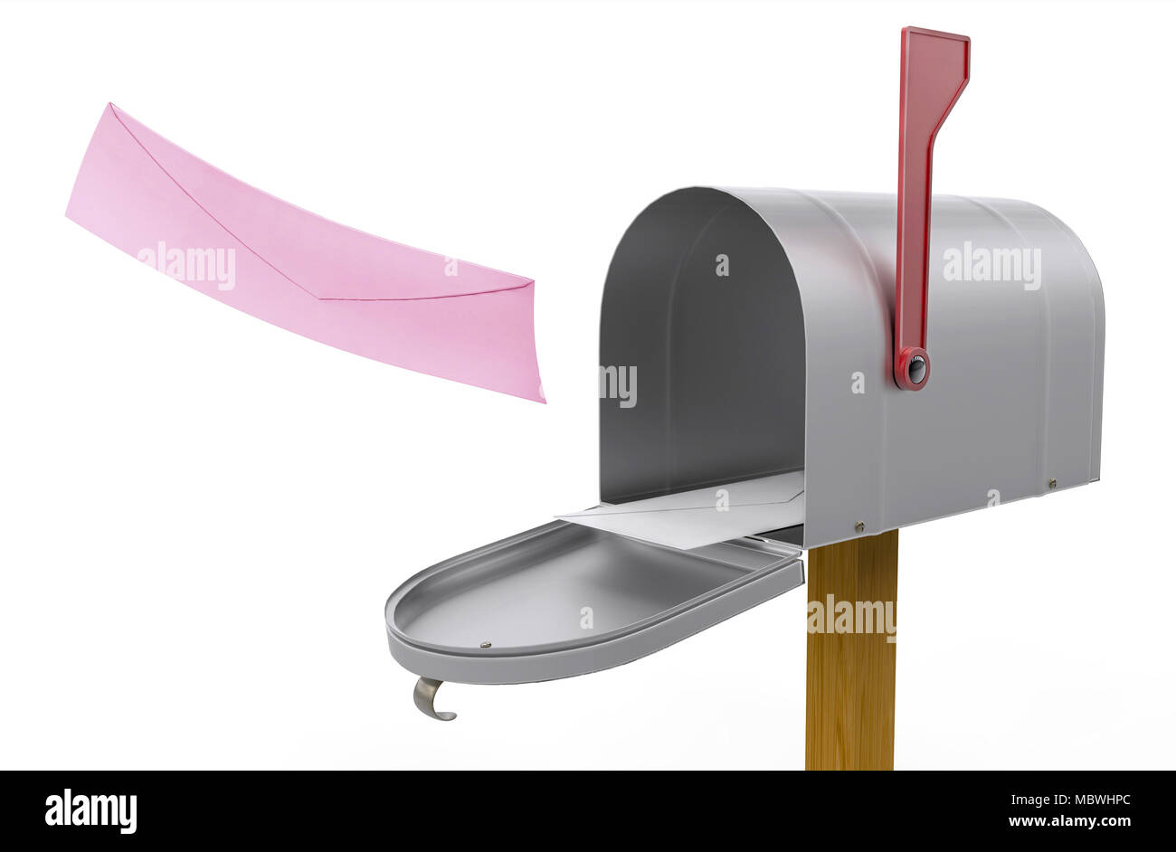 Open mailbox and received fly red envelope in box isolated on white ...
