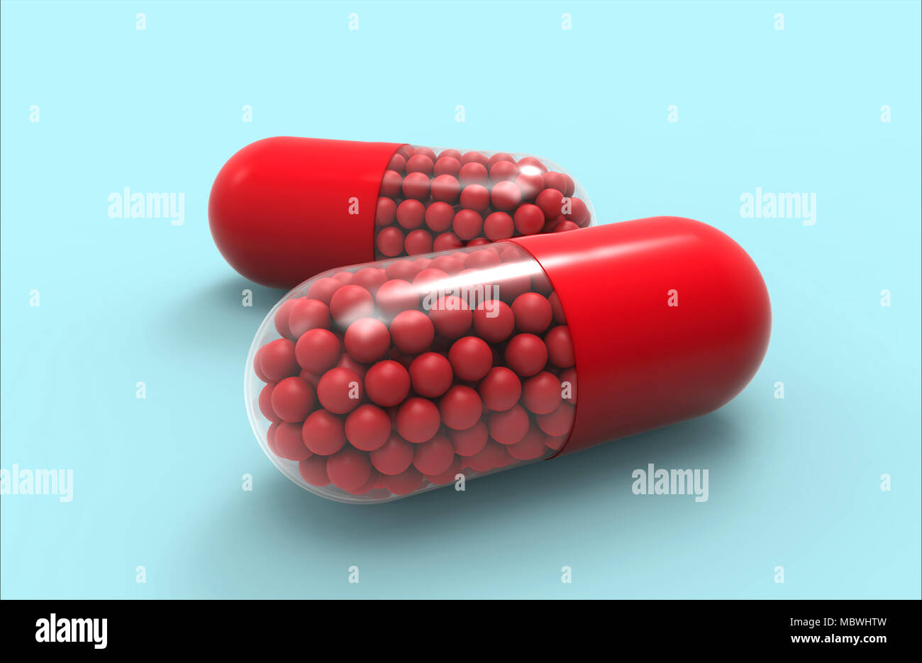 Red Capsule pills with red drug balls inside isolated on blue. 3D ...