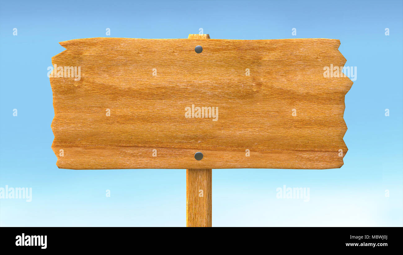 Wooden empty blank sign board and blue sky background. 3d illustration ...