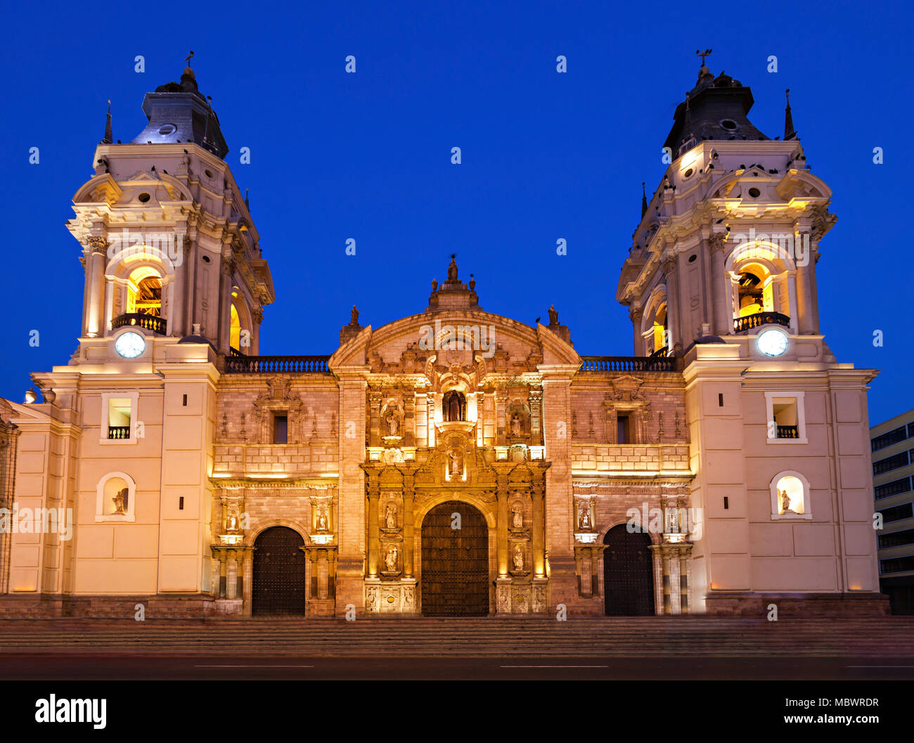 The Basilica Cathedral of Lima at sunset, it is a Roman Catholic ...