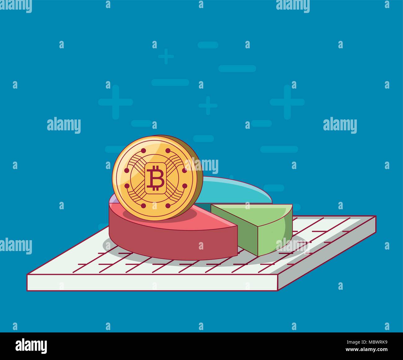 bitcoin coin and pie chart over blue background, colorful design ...
