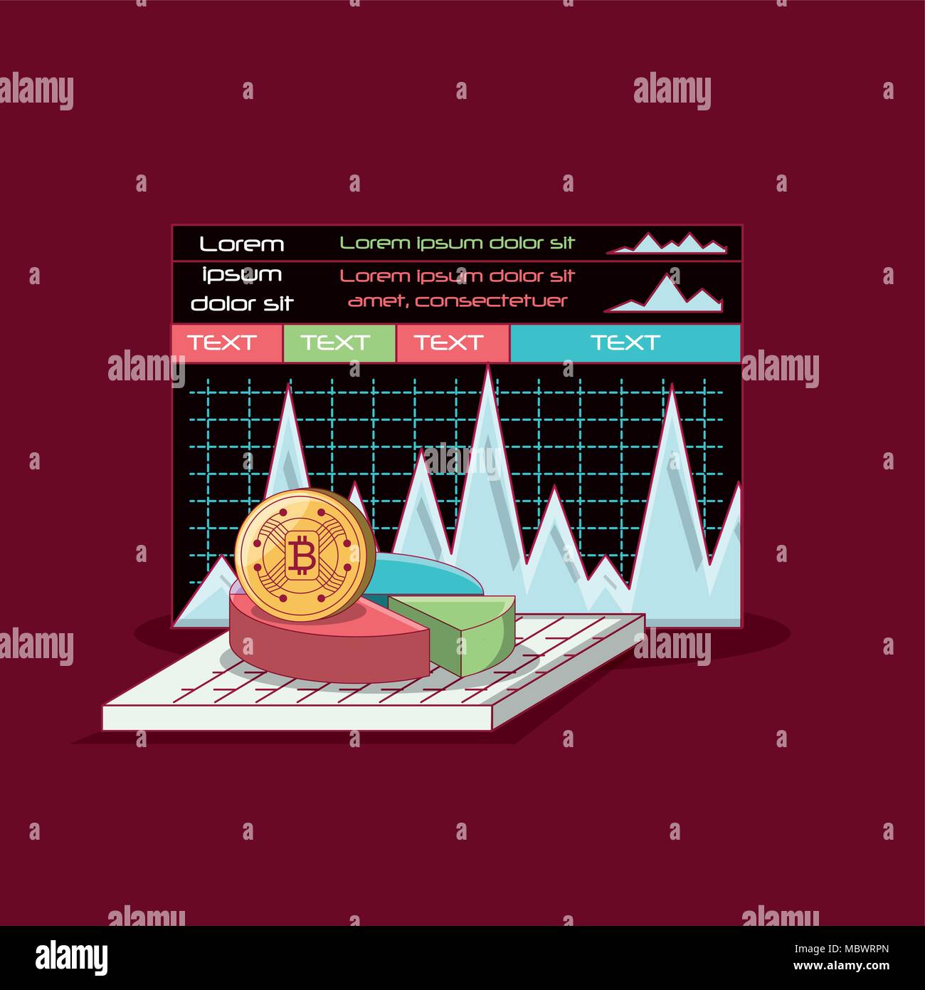 stock market with pie chart and bitcoin coin over red background ...