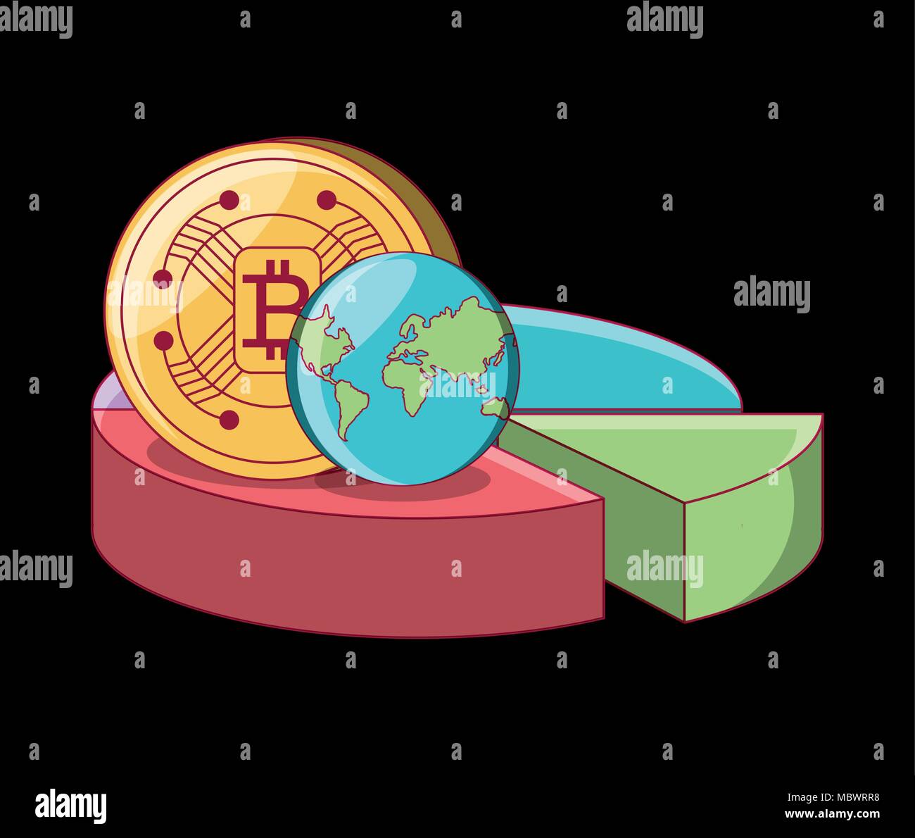 bitcoin coin and earth planet on pie chart over black background ...