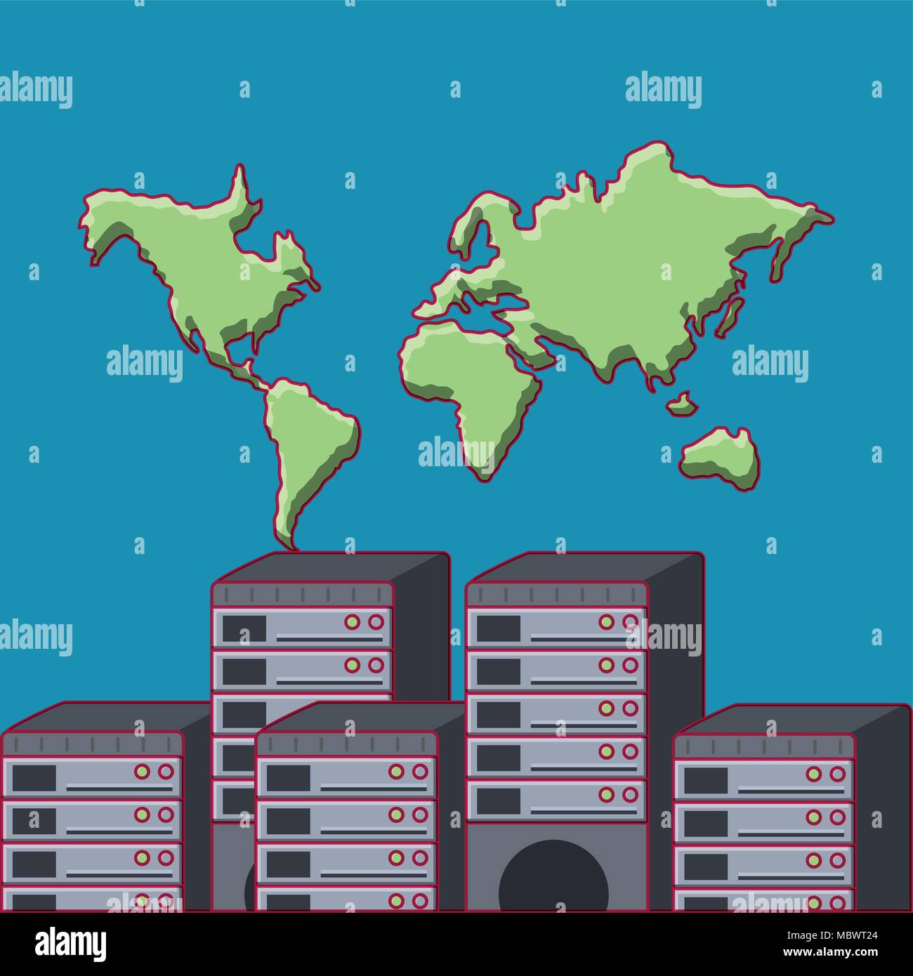 world map and data servers over blue background, colorful design ...