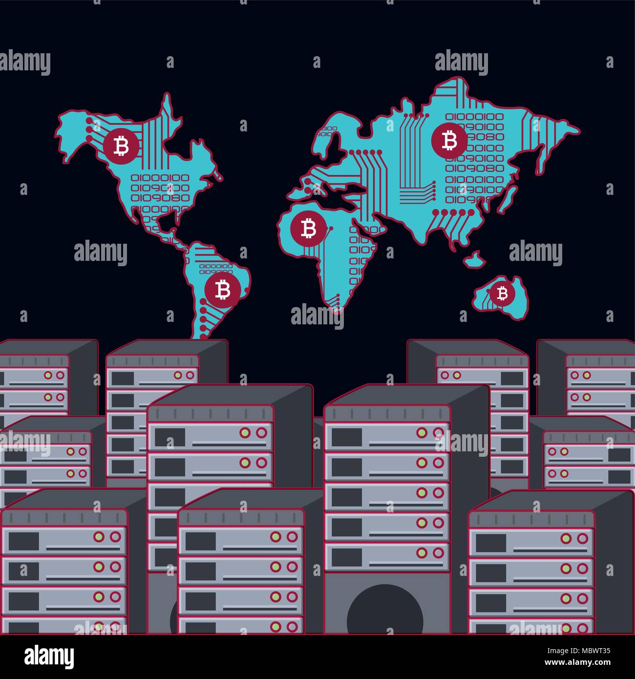 world map with bitcoin symbols and data servers over black background ...