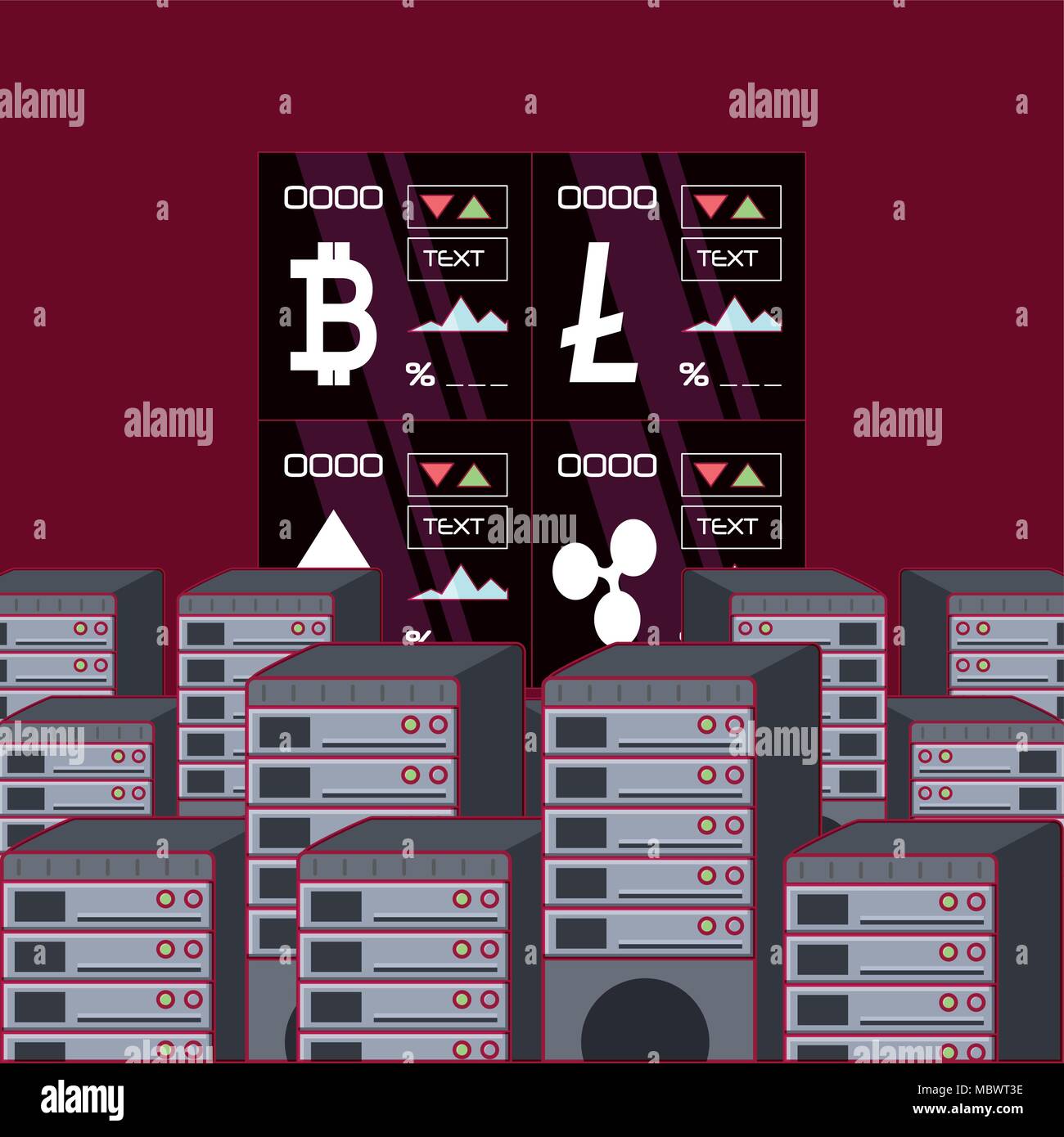 cryptocurrency stock market with data servers over red background ...