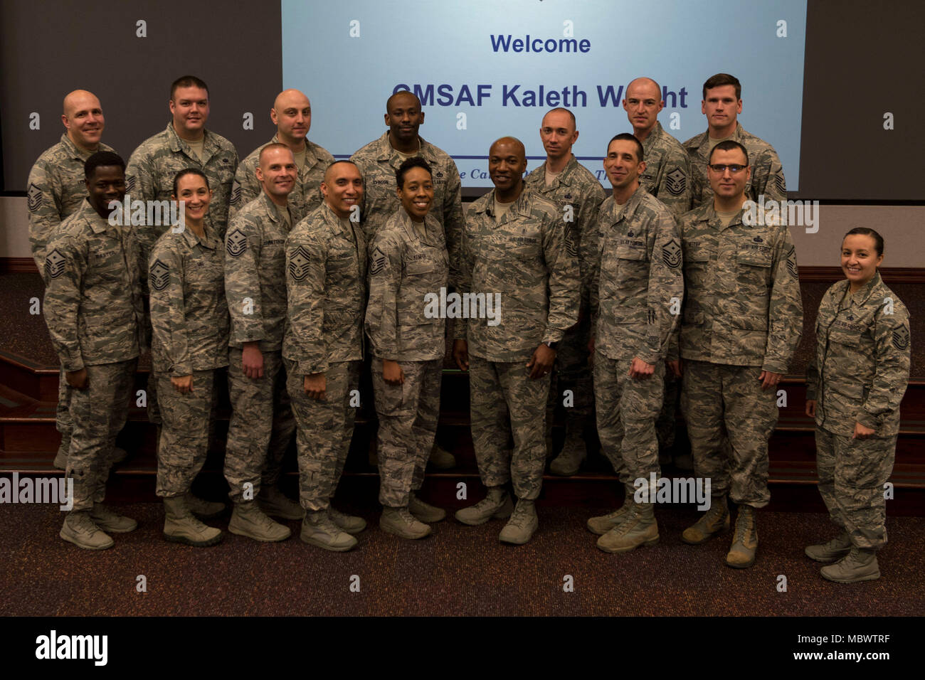 Chief Master Sgt. of the Air Force Kaleth O. Wright poses for a group ...