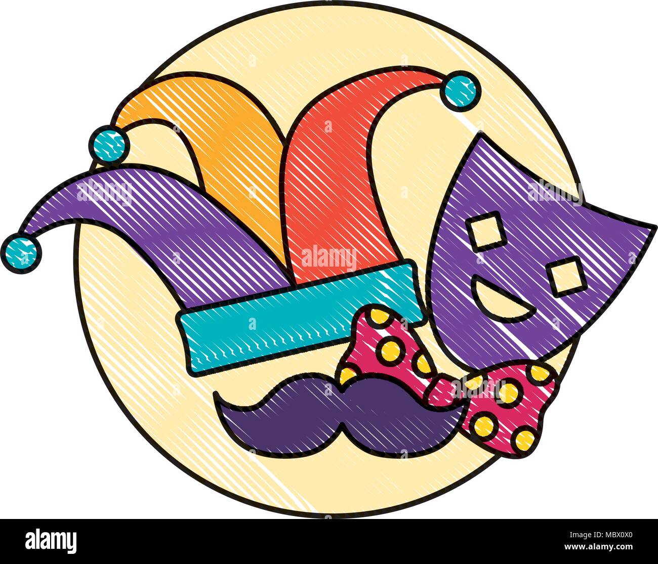 jester hat and theather mask and related icons over white background ...