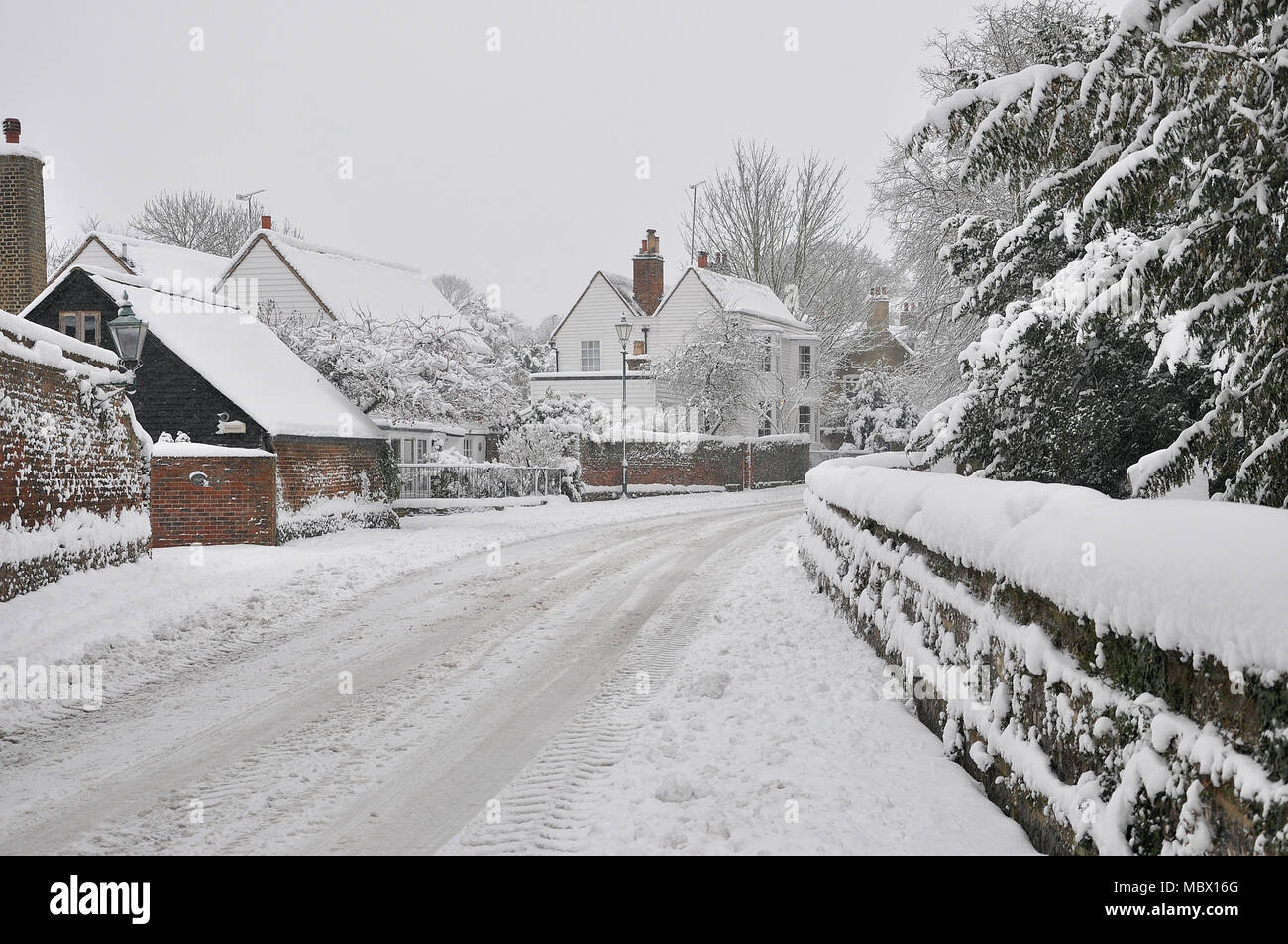 Farningham village, Kent, in heavy snow in winter. Farningham is a ...