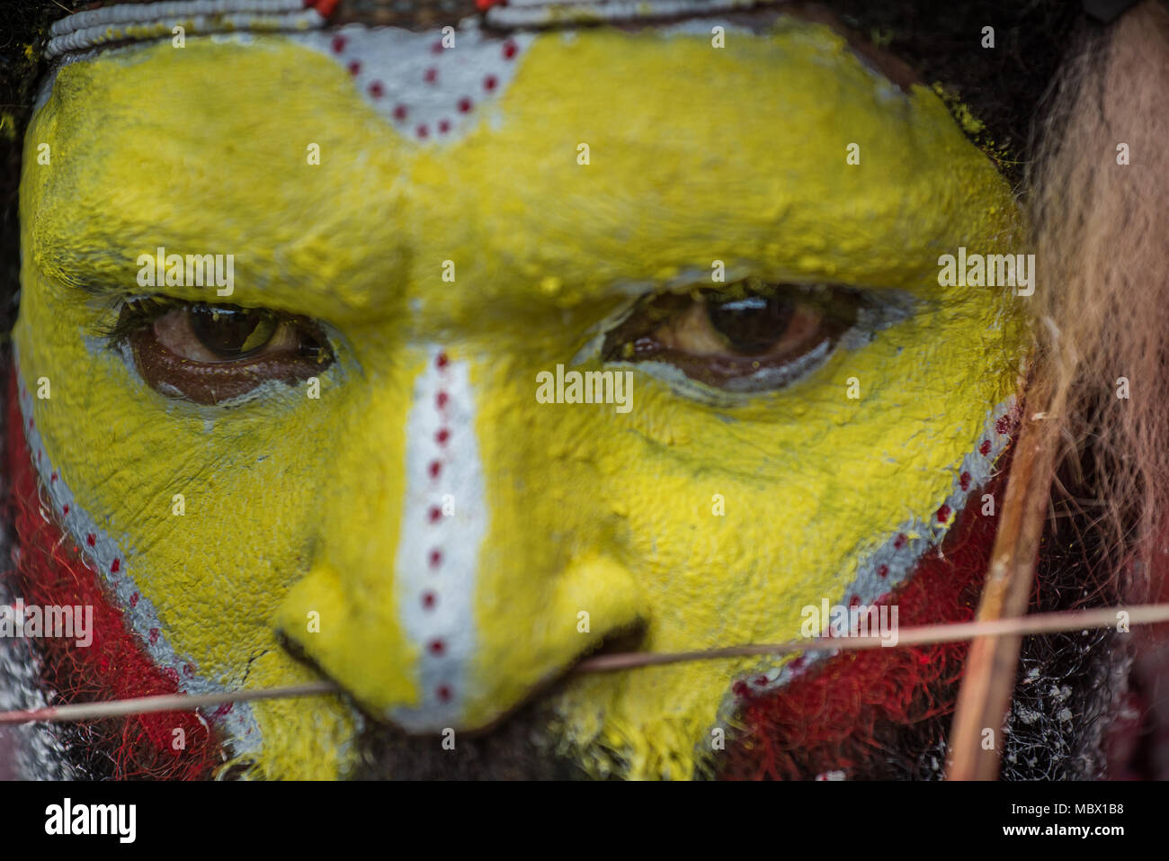 Close-up portrait of a Huli Wigman with yellow and red face painting ...