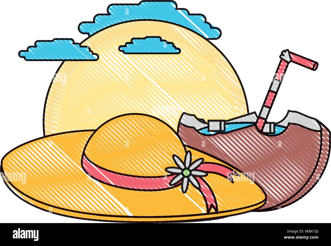 beach hat and coconut drink icon over white background, colorful design ...