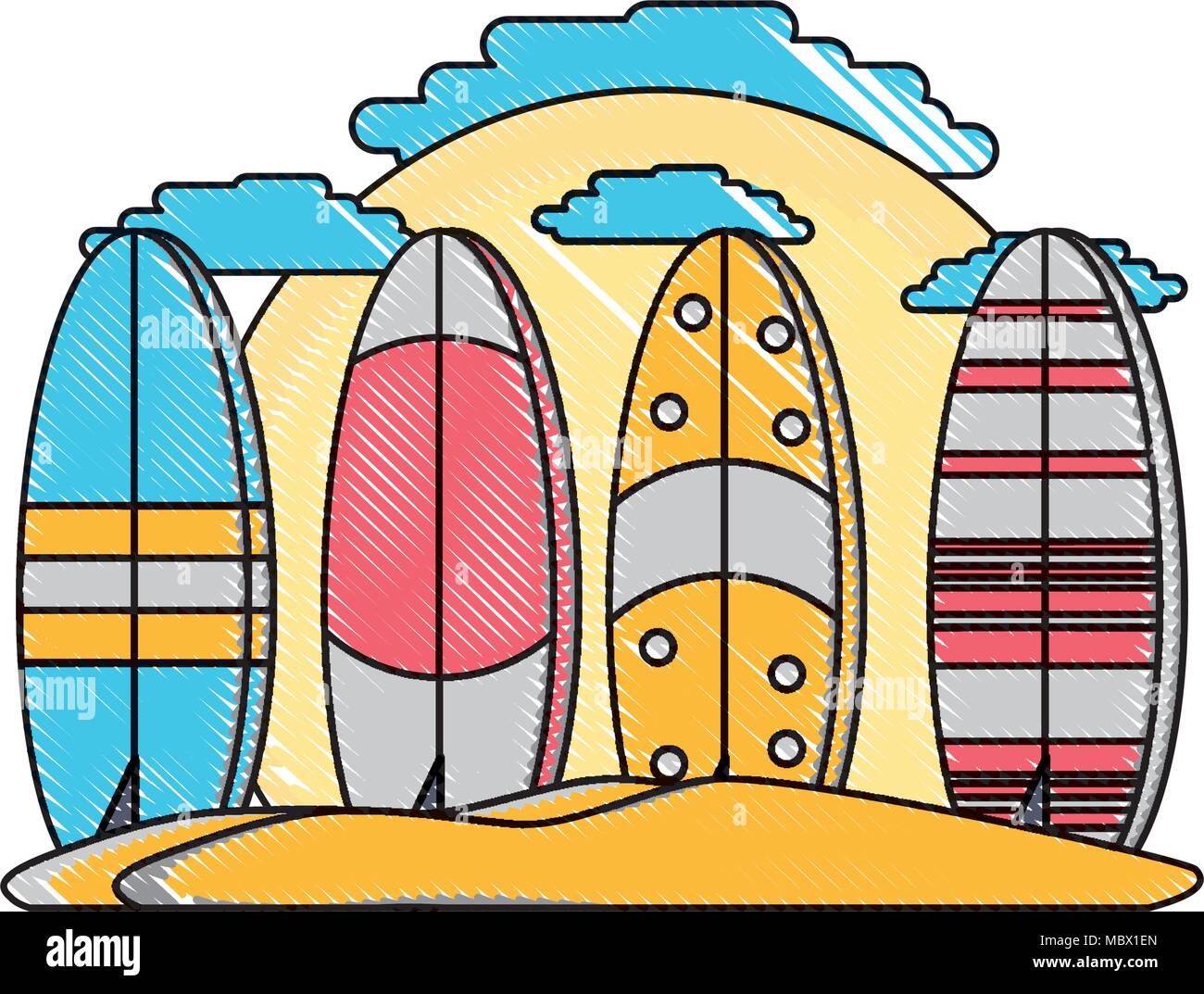 surfboards in the sand over white background, colorful design. vector ...