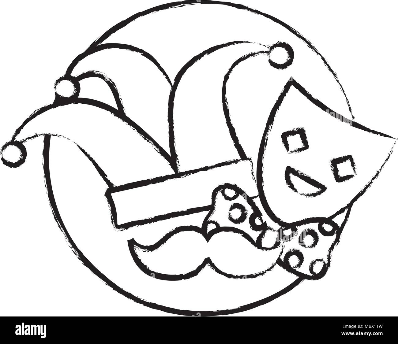 sketch of jester hat and theather mask and related icons over white ...