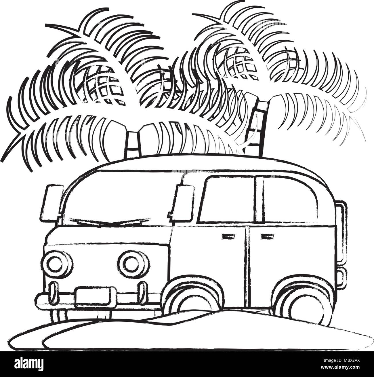 surf van on the beach with palms over white background, vector ...