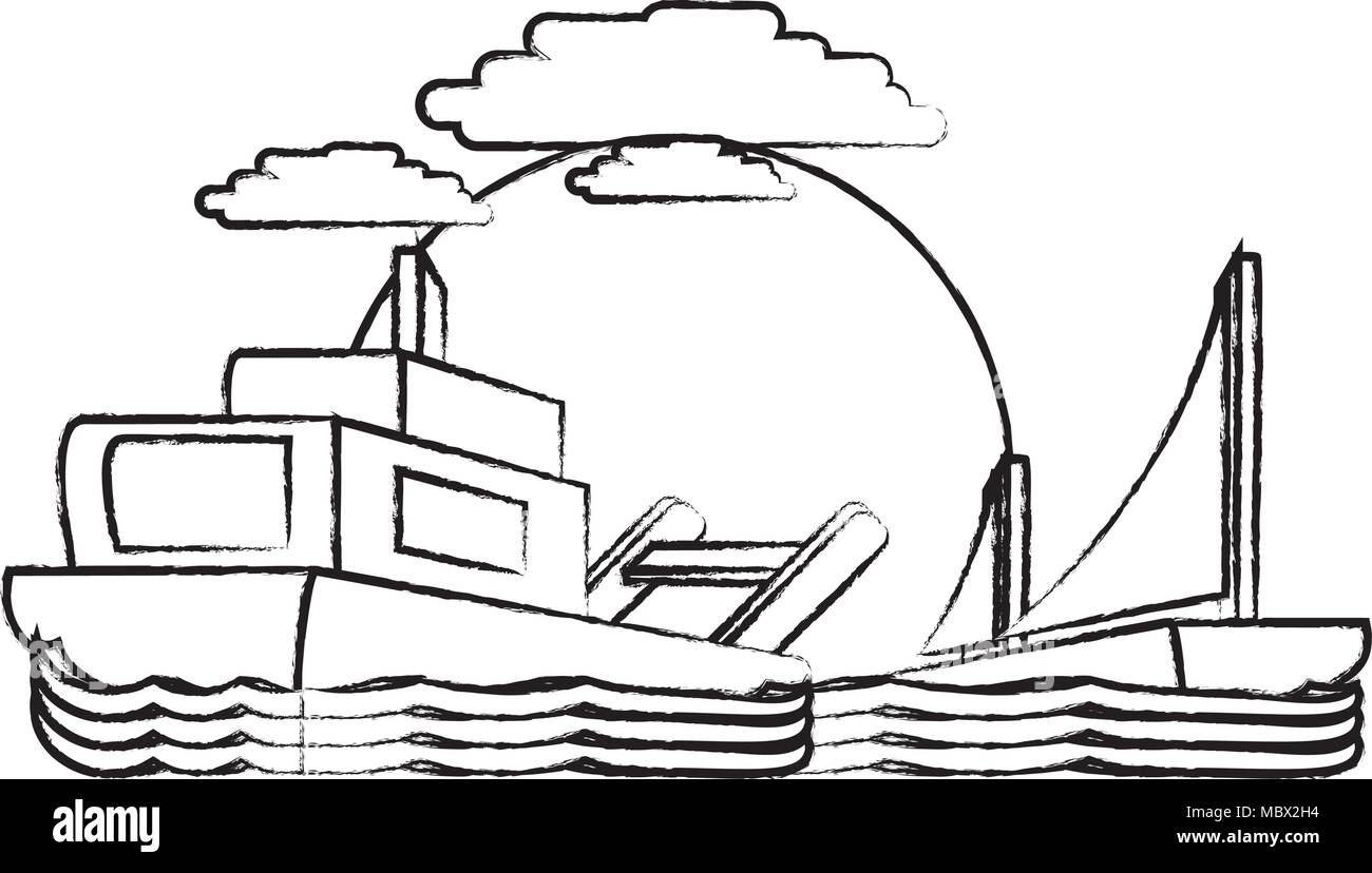 sketch of Abstract beach landscape with boat icon over background ...