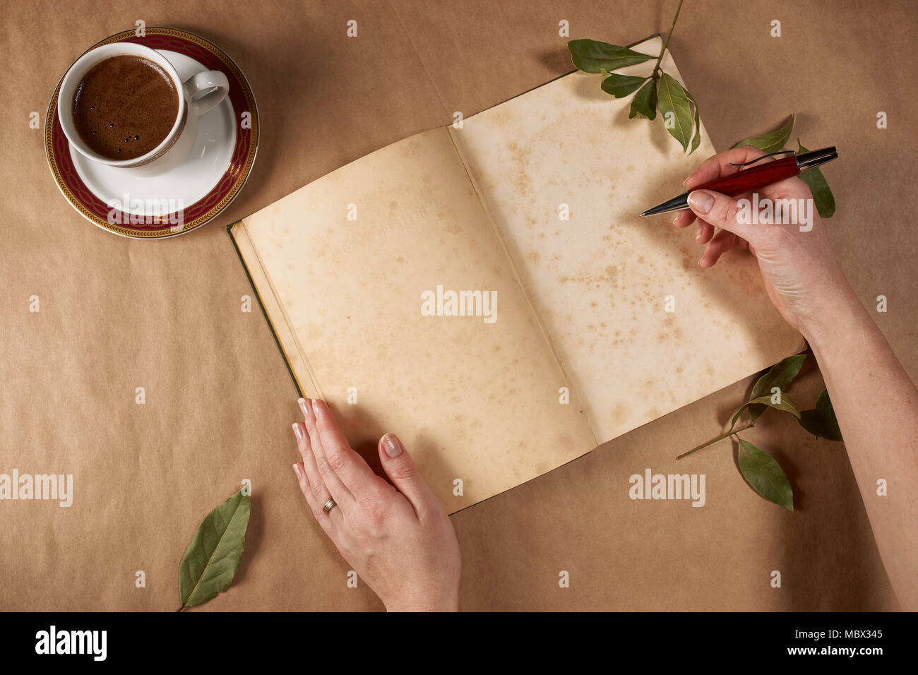 Flat look of women's hands, coffee cup, process of writing. Place for ...