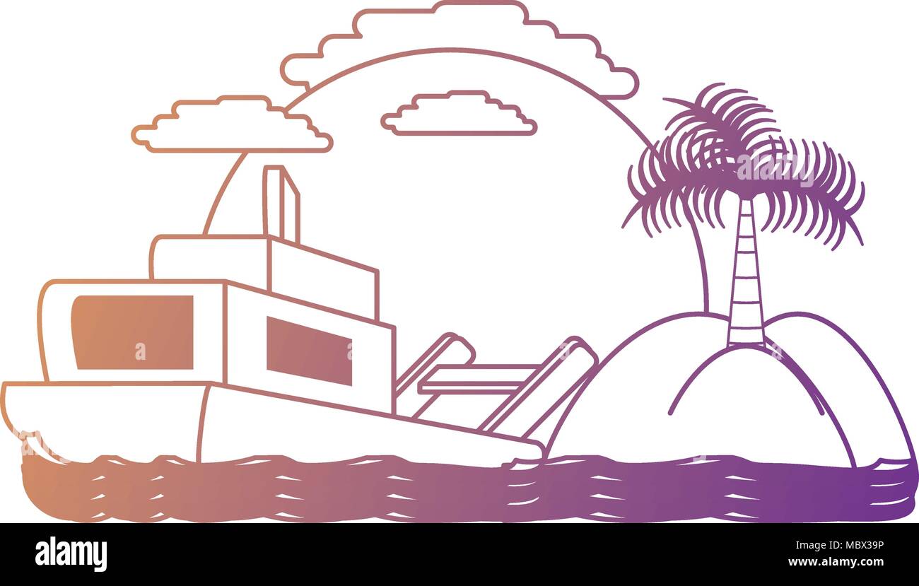 Abstract beach landscape with boat icon over background, colorful ...