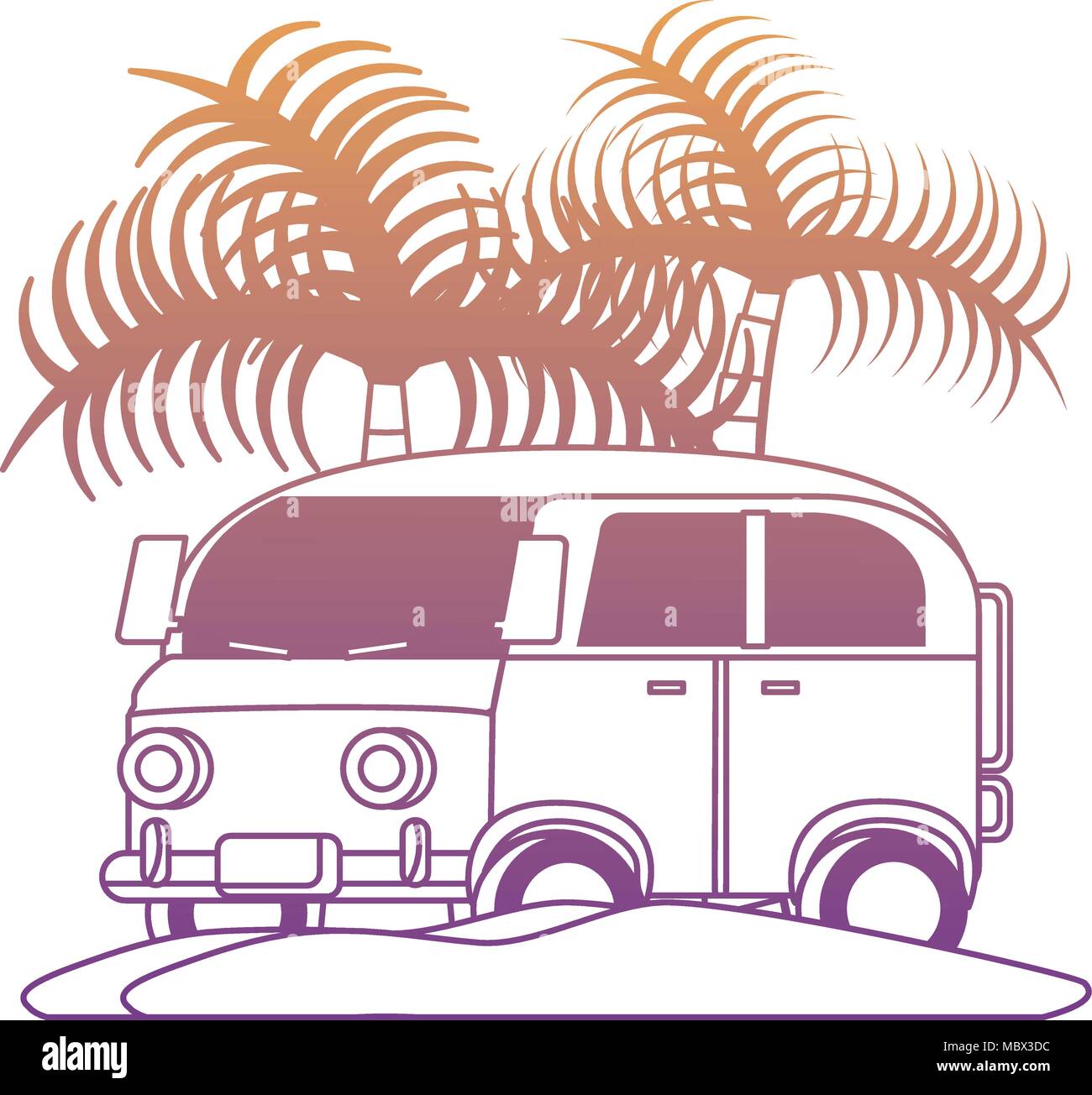 sketch of surf van on the beach with palms over white background ...