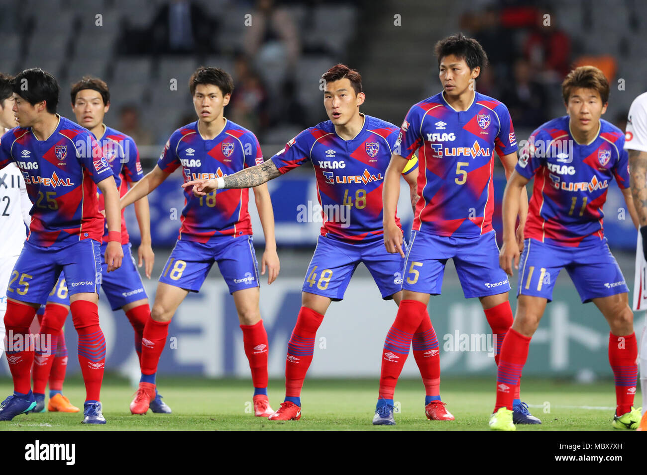 Ajinomoto Stadium, Tokyo, Japan. 11th Apr, 2018. (L-R) Kento Hashimoto, Jang Hyun Soo, Yuichi ...