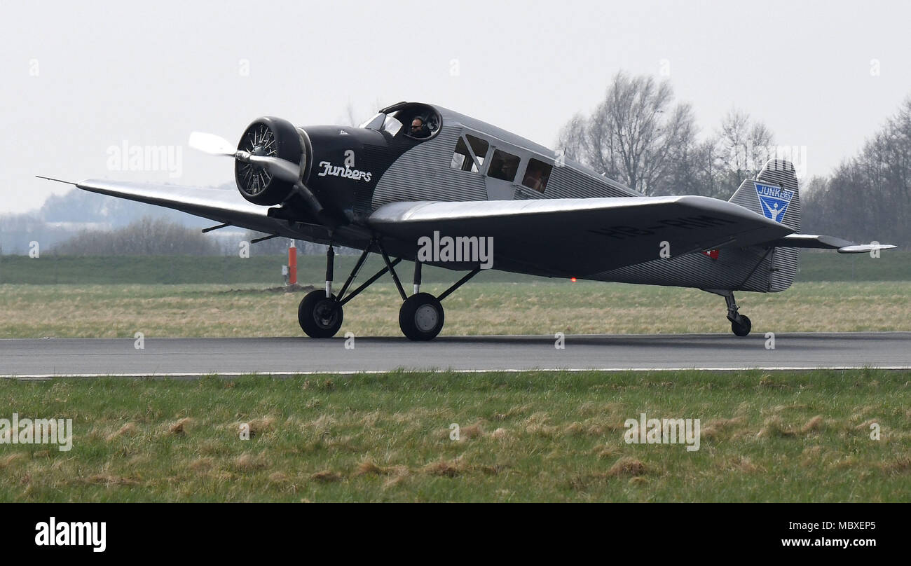 12 April 2018, Germany, Bremen: A replica of the historic plane Junkers ...