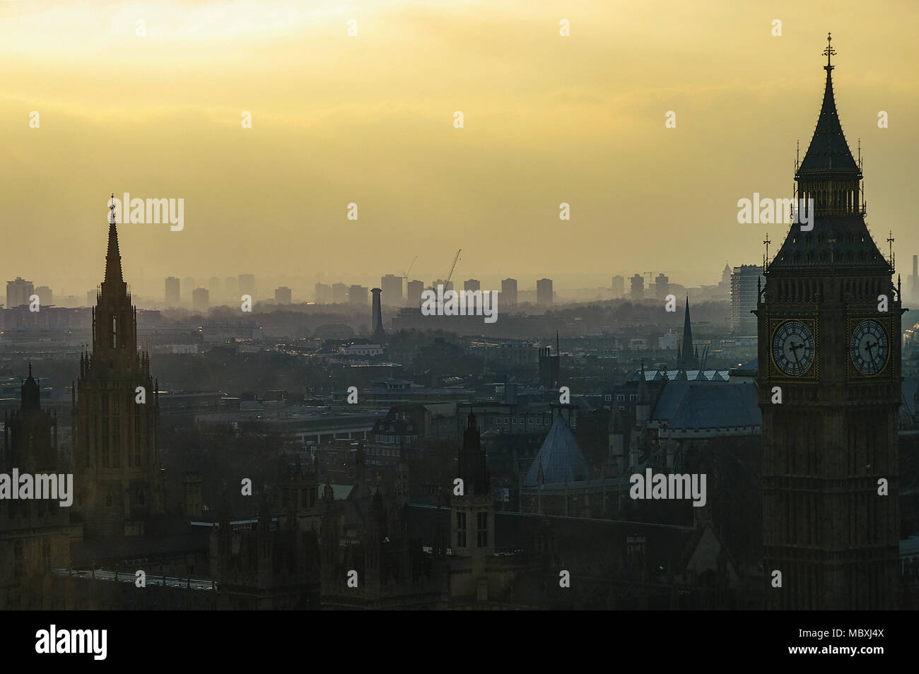 London skyline in 2007 at dusk with smog mist. Sunset, evening. Old ...