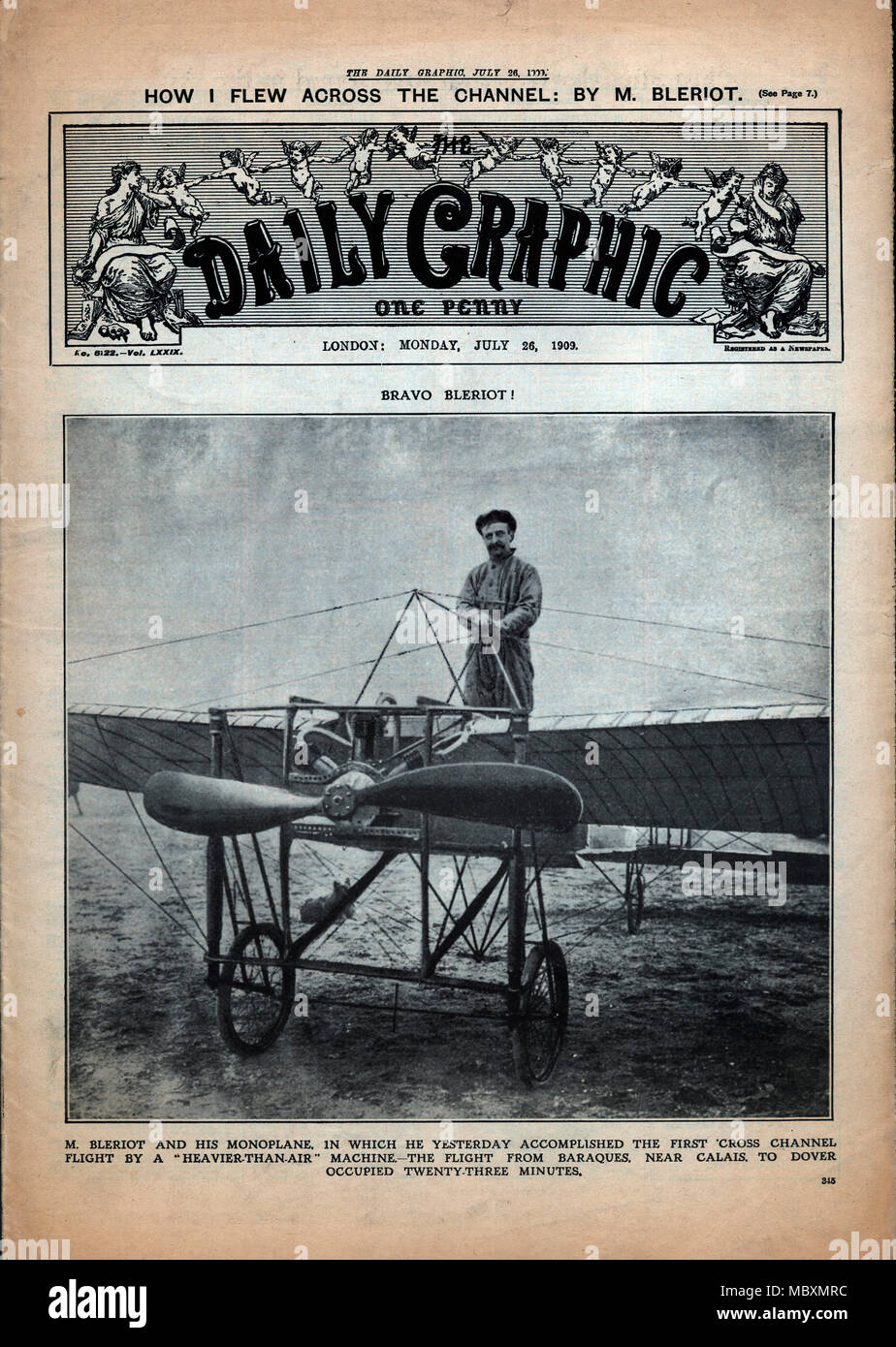 Bravo Bleriot, Daily Graphic, 1909 newspaper front page of the first ...