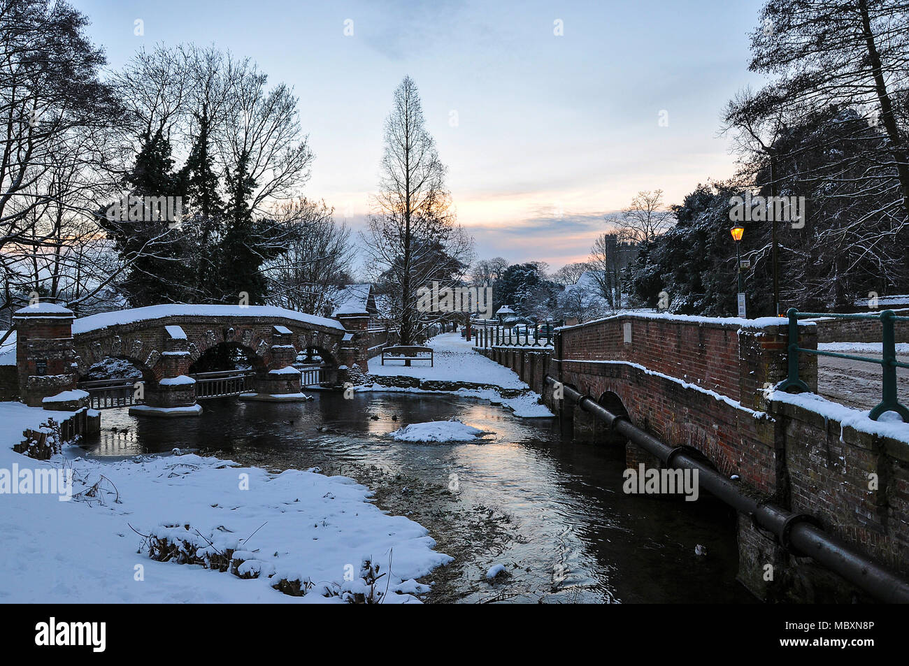 Bridges over River Darent, Farningham village, Kent, in heavy snow in ...