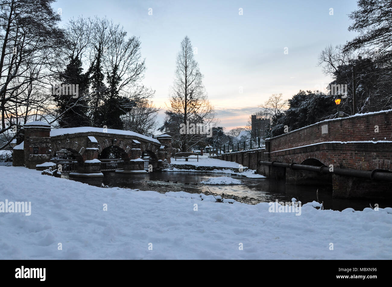 Bridges over River Darent, Farningham village, Kent, in heavy snow in ...