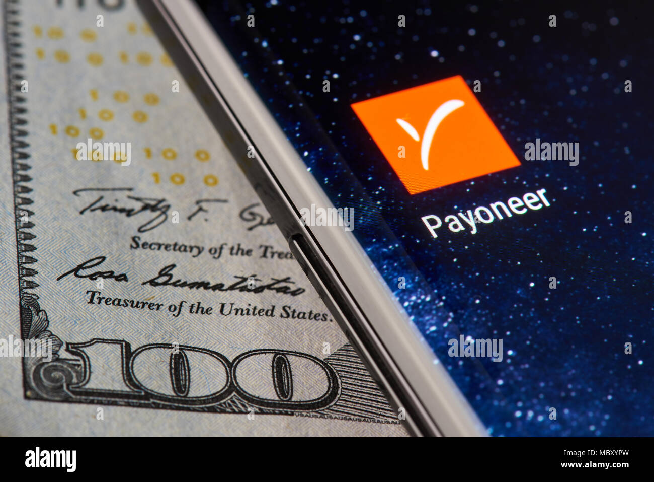 New york, USA - April 11, 2018: Payoneer icon app on smartphone close ...