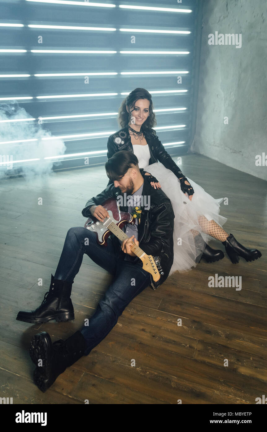 Wedding in the style of rock. Rocker or Biker wedding. Guys with ...