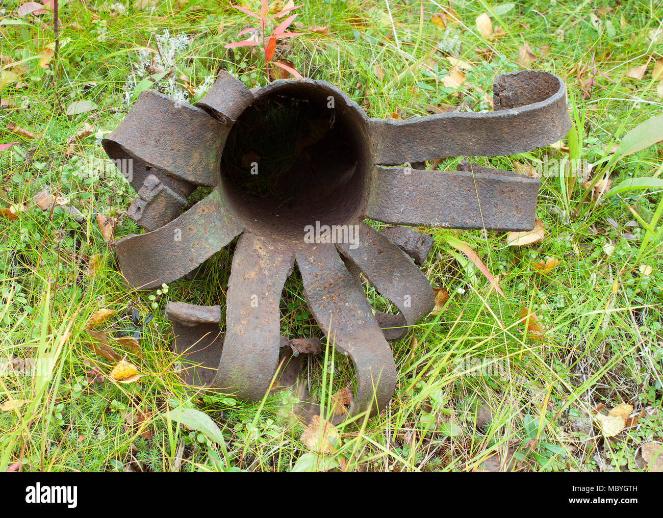 In the woods is an old mortar bomb exploded Stock Photo - Alamy